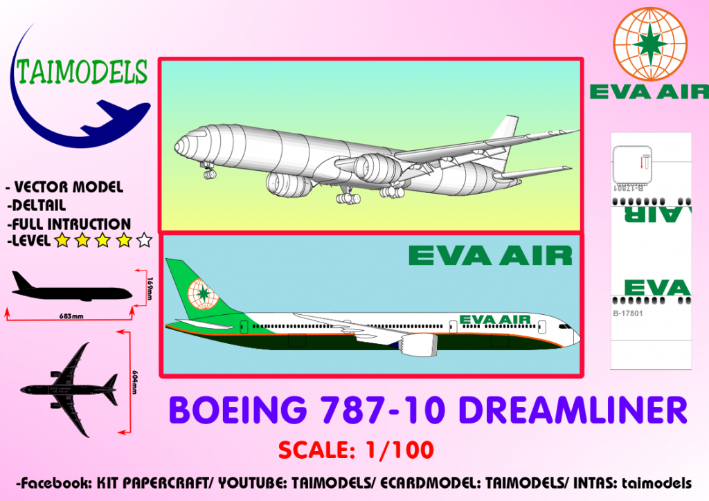 1/100 Boeing 787-10 Eva Air Paper Model - EcardModels