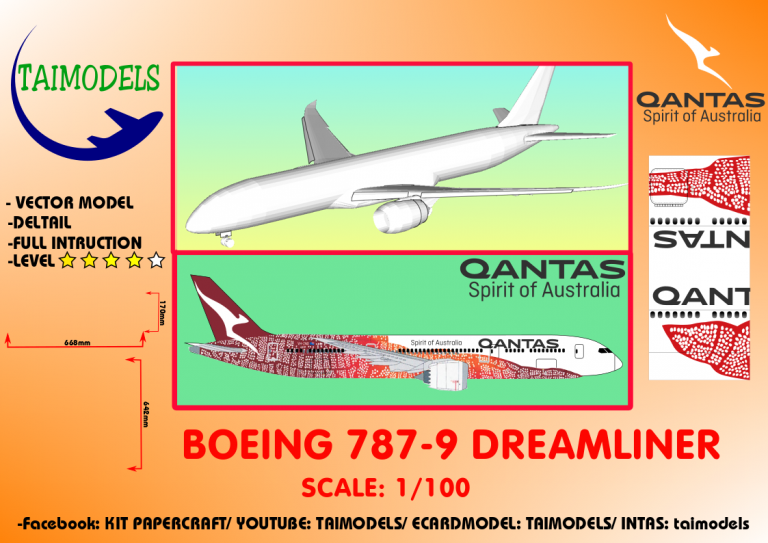 1/100 Boeing 787-9 Dreamliner Qantas Special Paper Model - EcardModels