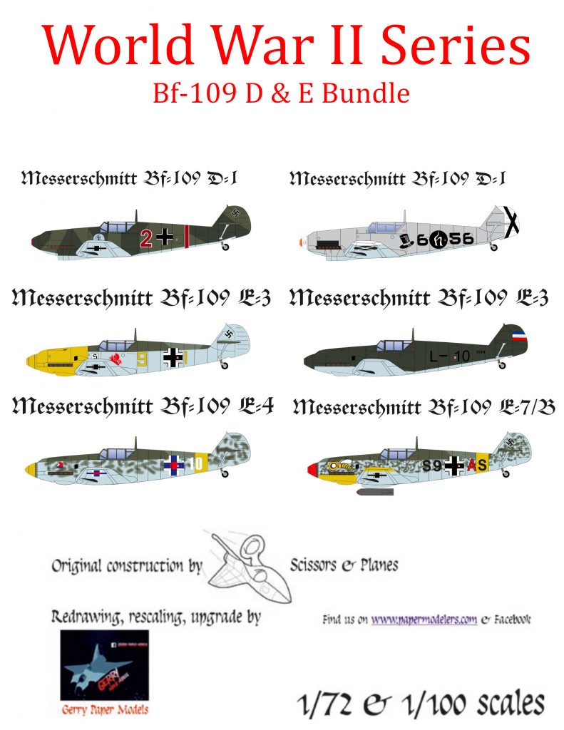1/72 & 1/100 Messerschmitt BF-109 D/E (6) Kit Bundle Paper Model ...