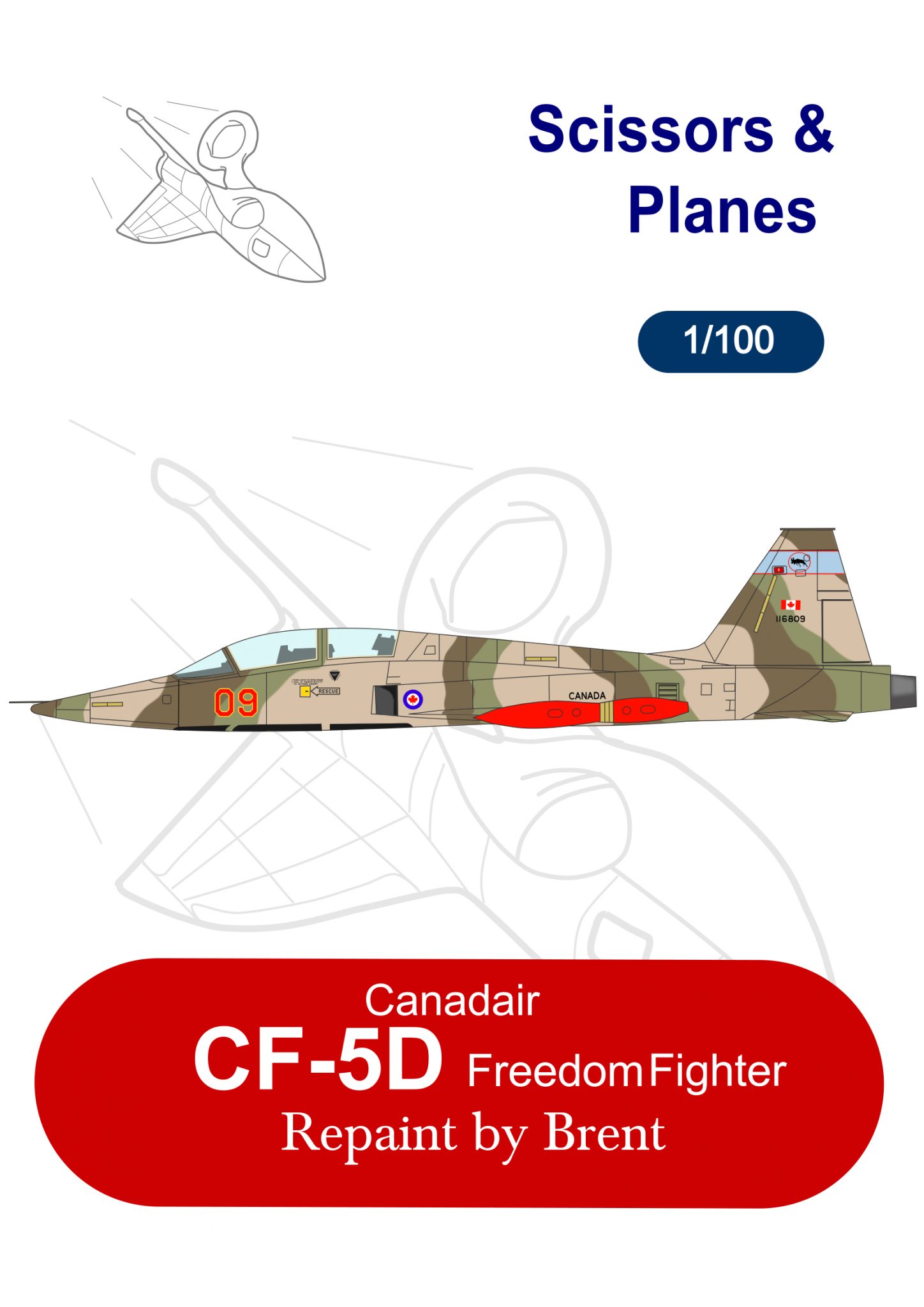 1/100 Canadair CF-5D Freedom Fighter Red 9 Paper Model - EcardModels