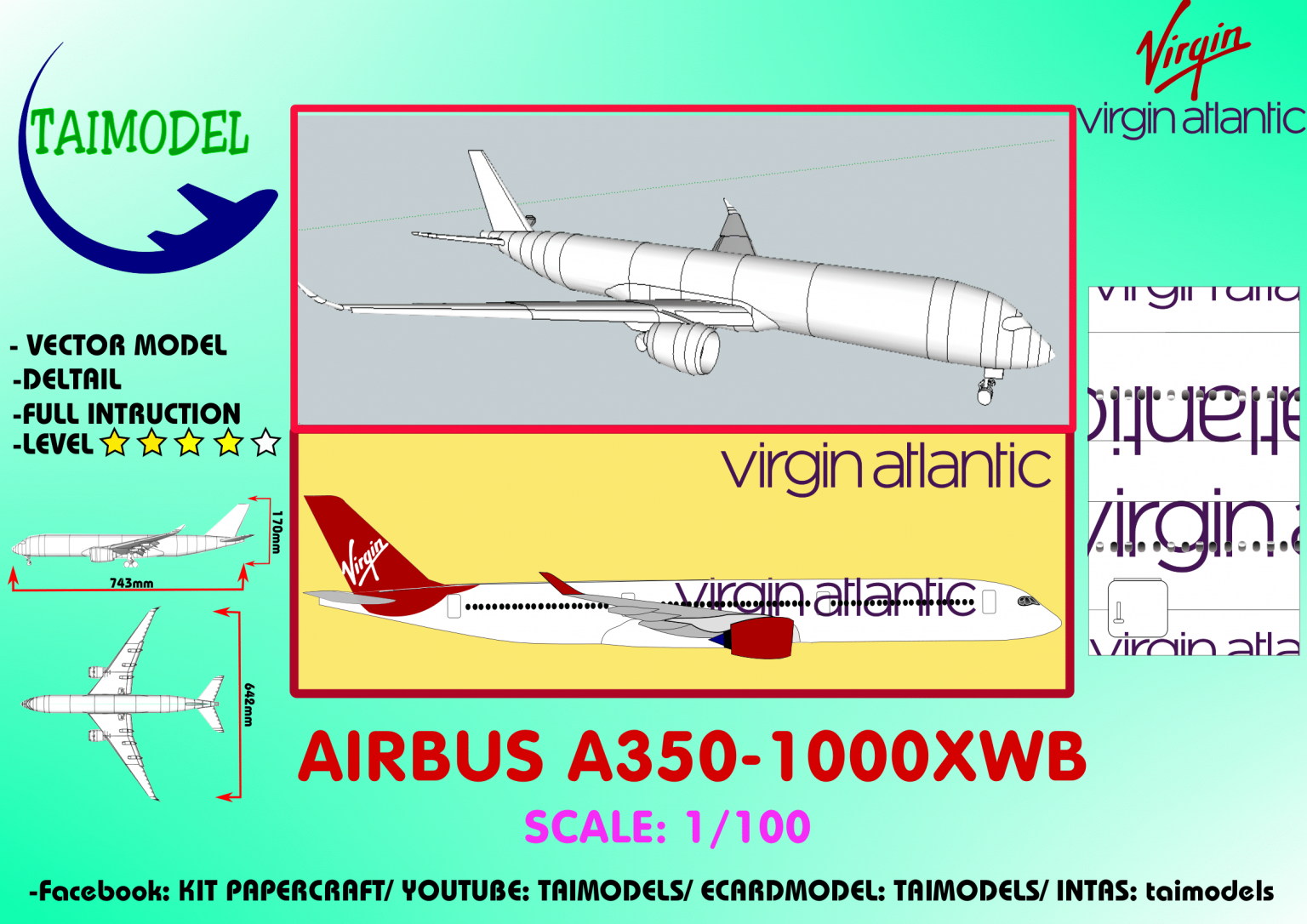 1/100 Airbus A350-1000XWB Virgin Atlantic Paper Model - EcardModels