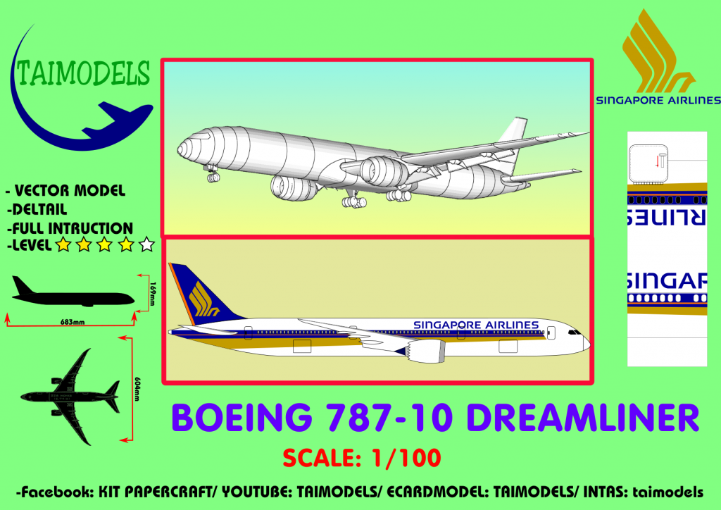 1/100 Boeing 787-10 Singapore Airlines Paper Model - EcardModels