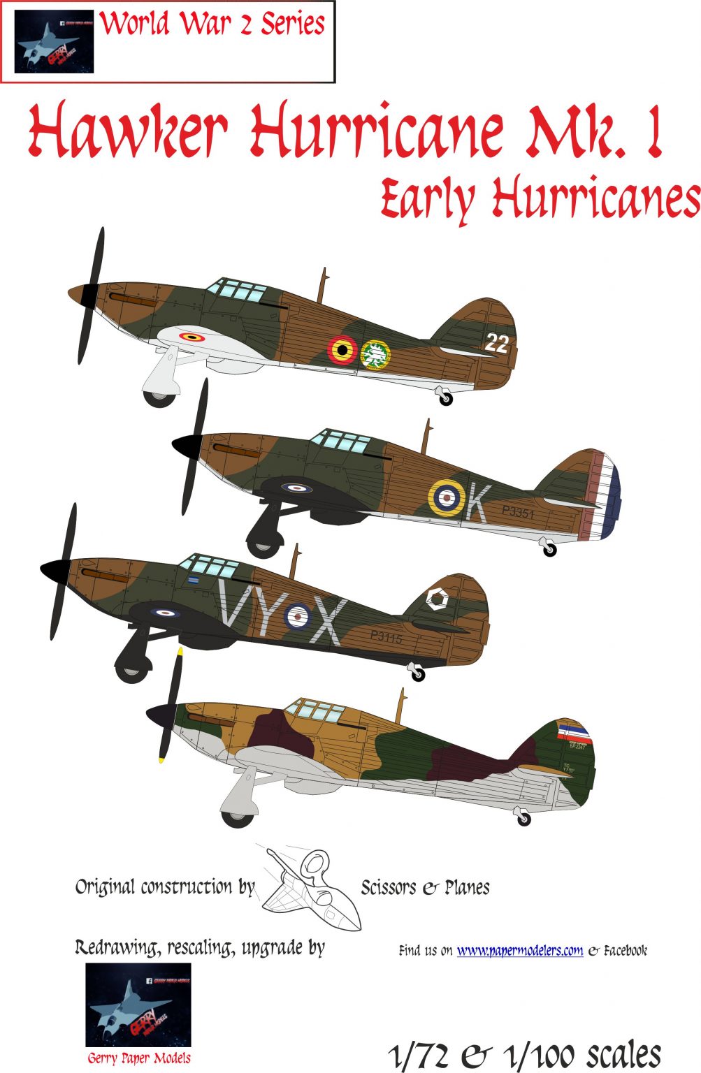 1/72 and 1/100 Hawker Hurricane early type (4) Kit Bundle Paper Model ...
