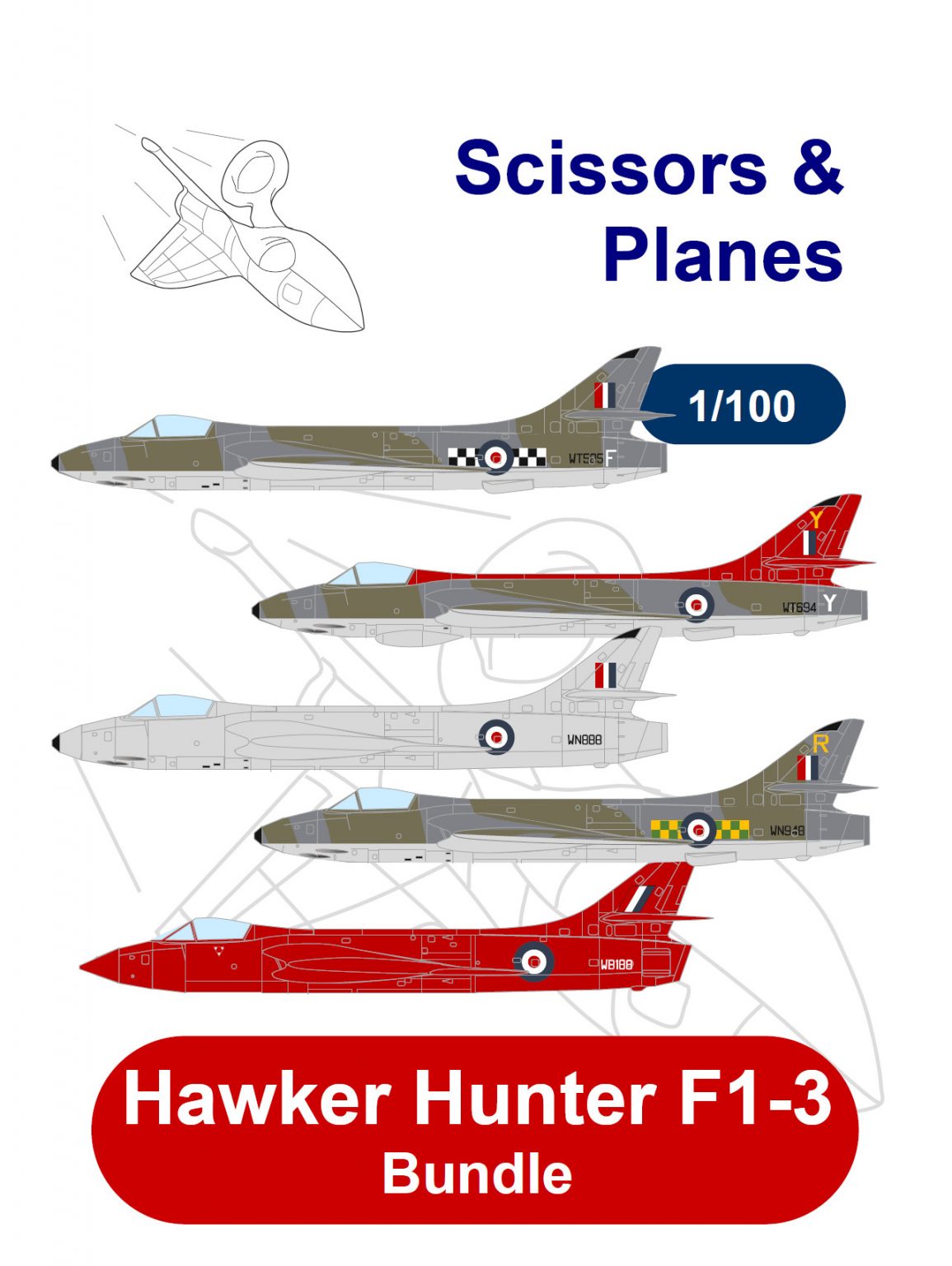 1/100 snp Hawker Hunter F1 to 3 Bundle Paper Model - EcardModels