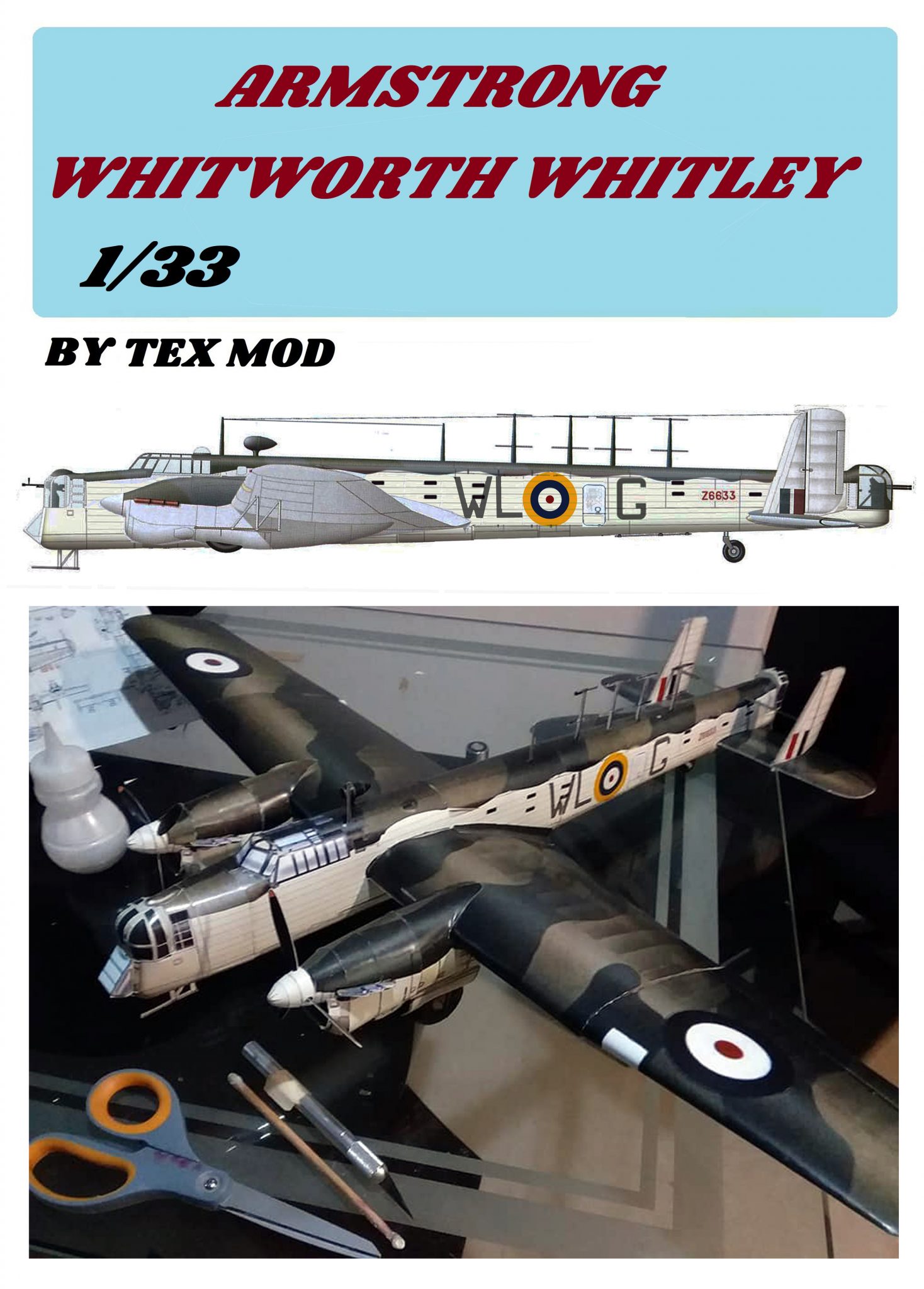 1/33 Armstrong-Whitworth Whitley Coastal Command Paper Model - EcardModels