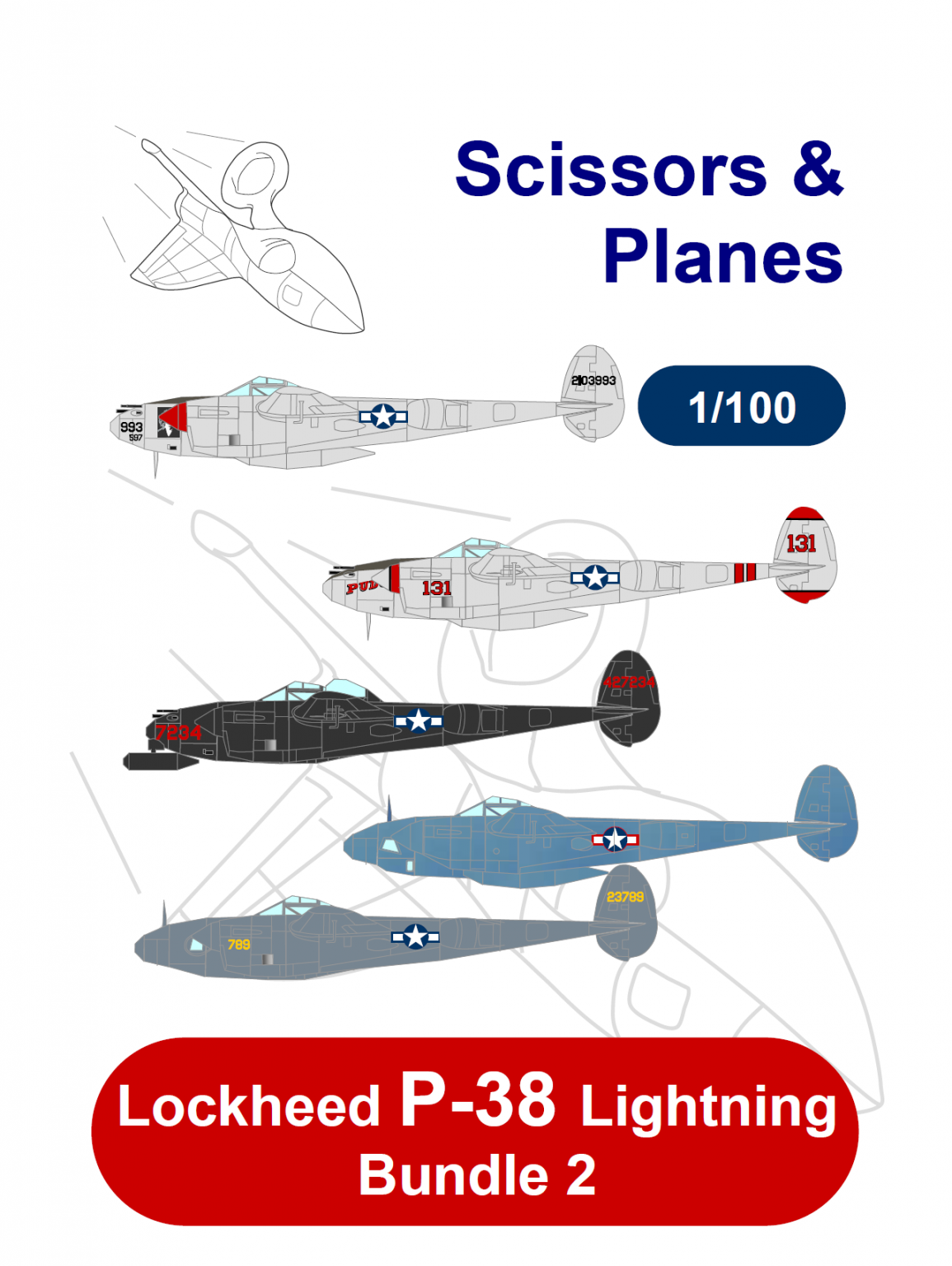1/100 snp Lockheed P-38 Lightning Bundle 2 Paper Model - EcardModels