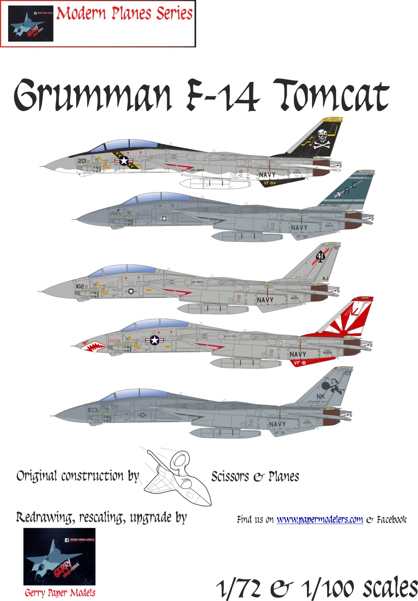 1/72 and 1/100 Grumman F-14 Tomcat (5) Kit Bundle Paper Model - EcardModels