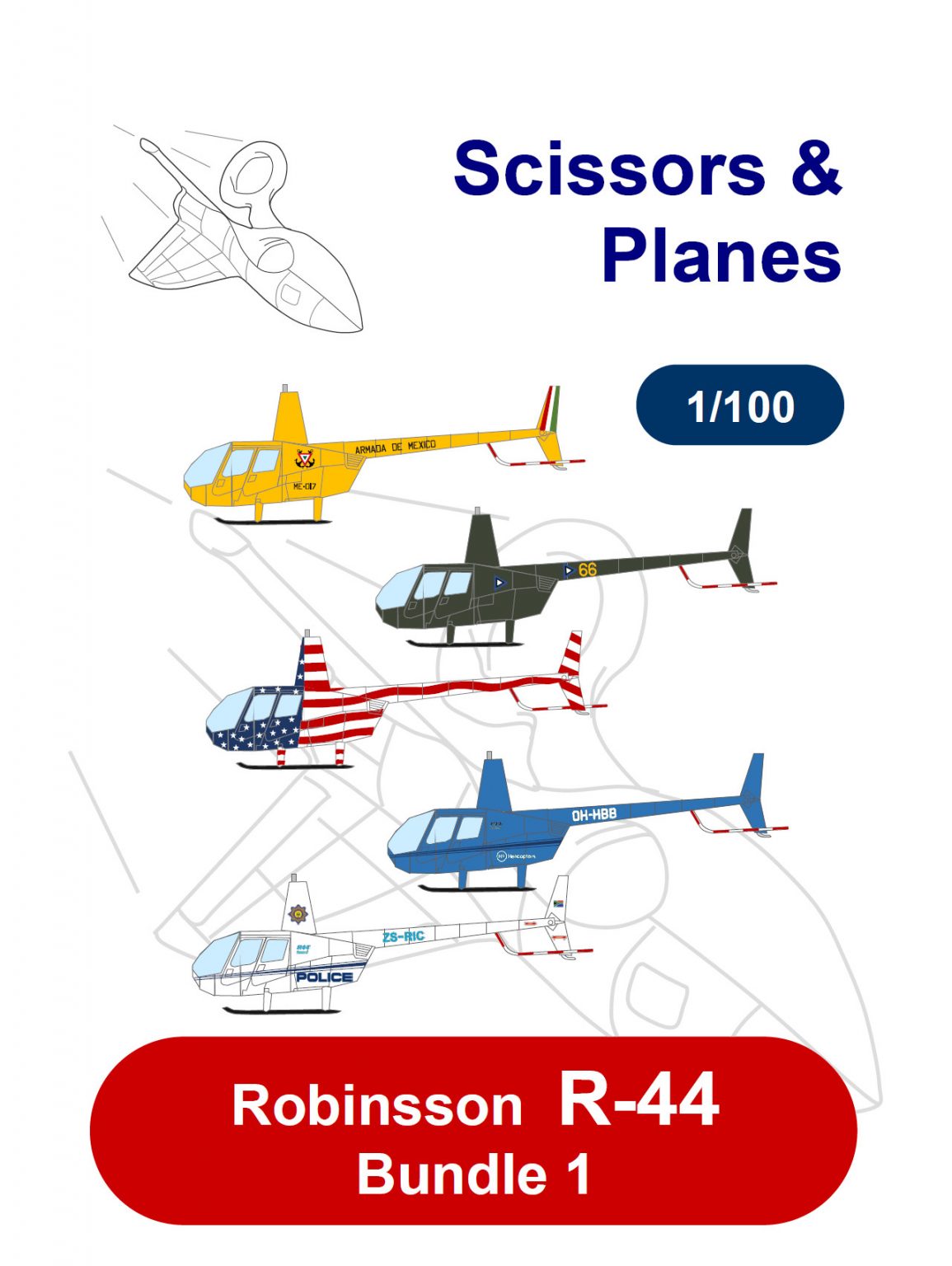 1/100 snp Robinson R-44 Raven Bundle 1 Paper Model - EcardModels