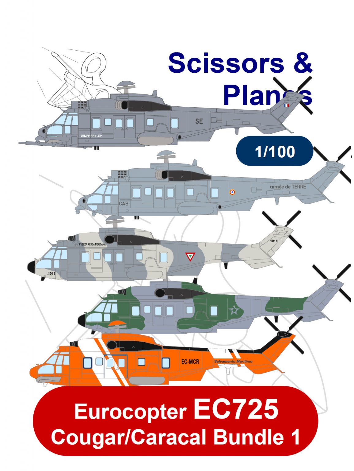 1/100 snp Aerospatiale H725 Caracal Bundle Paper Model - EcardModels