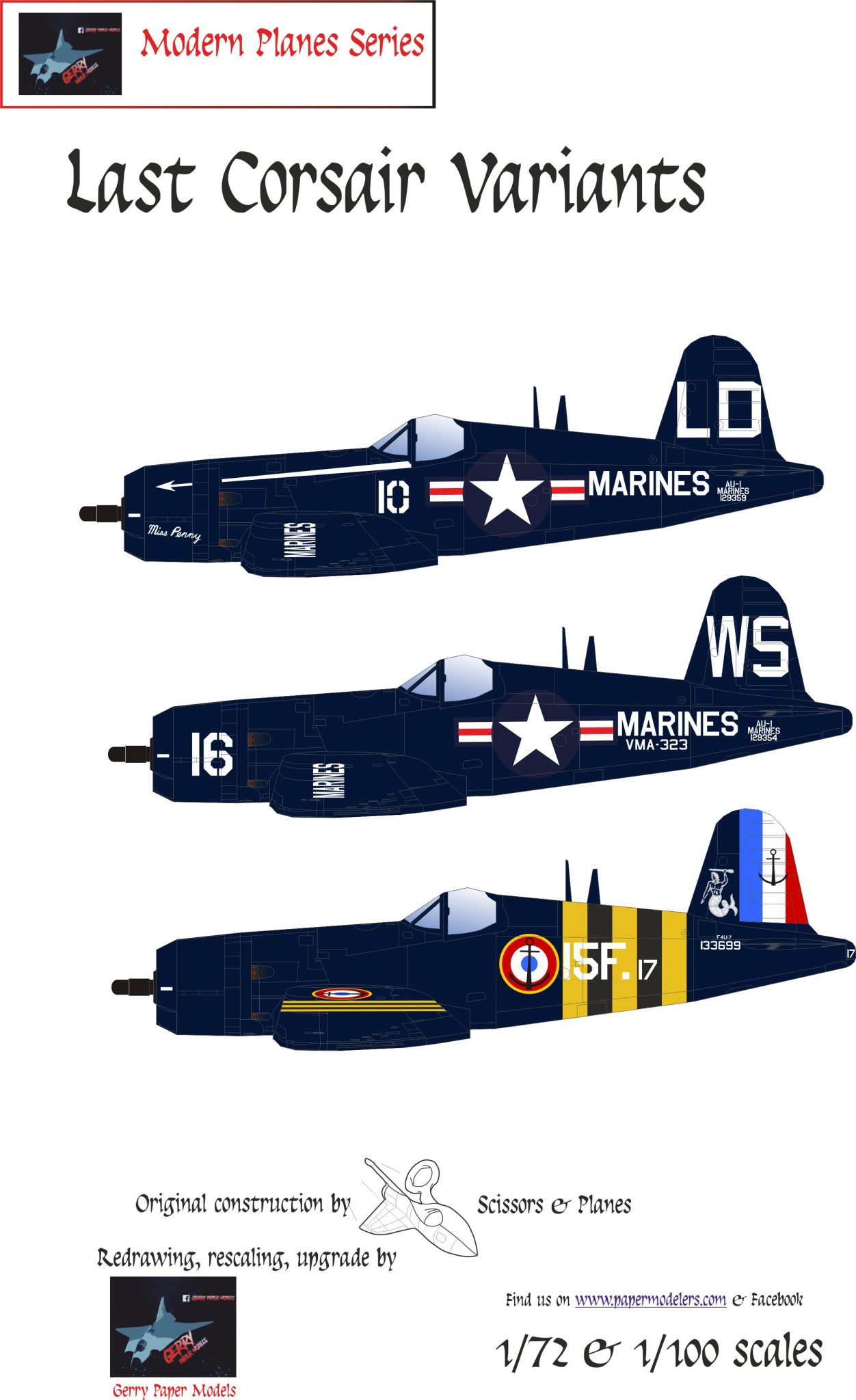 1/72 and 1/100 Vought AU-1 & F4U-7 Corsair (3) Kit Bundle Paper Model ...