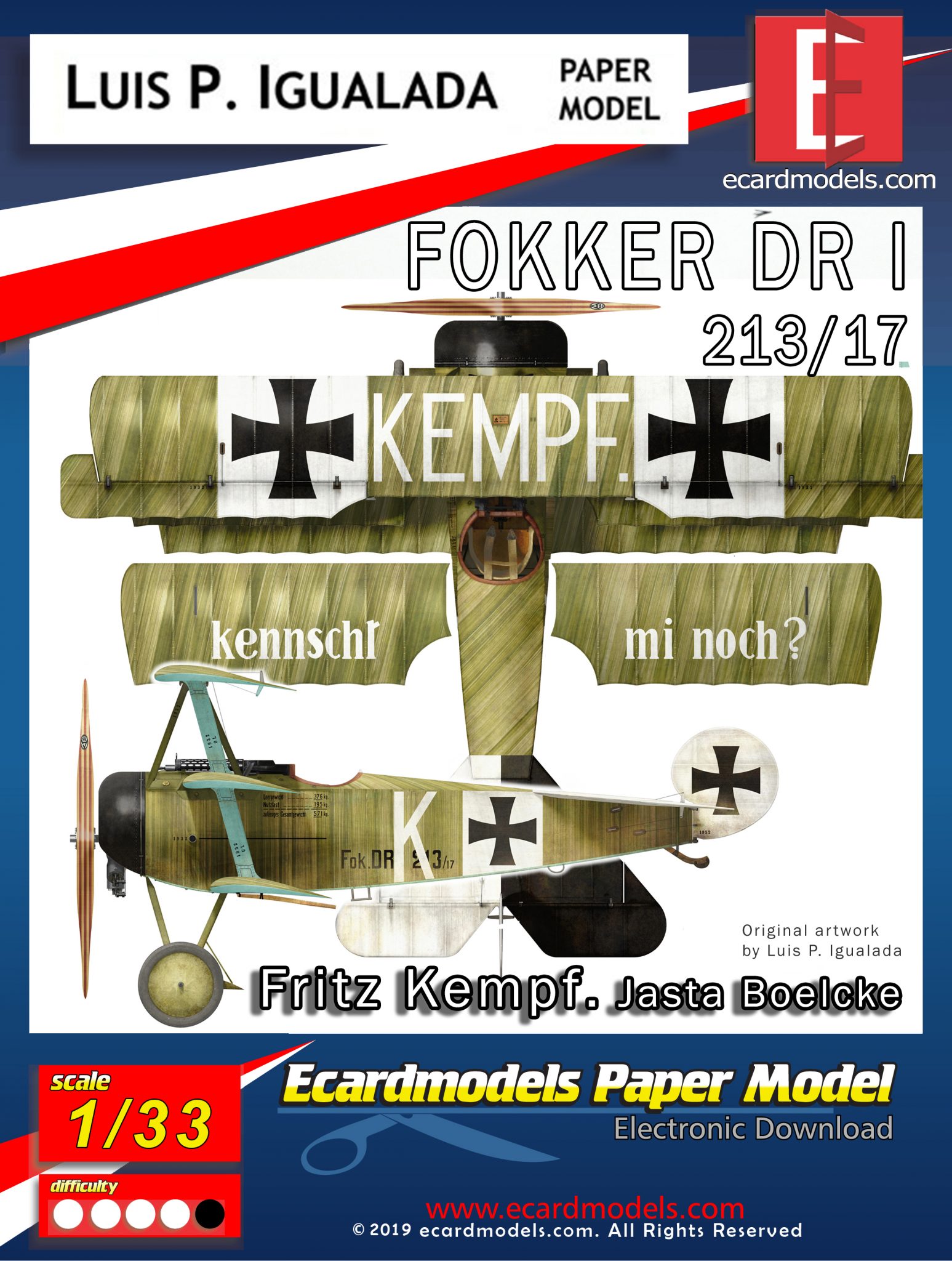 1/33 Fokker DR I Fritz Kempf Paper Model - EcardModels