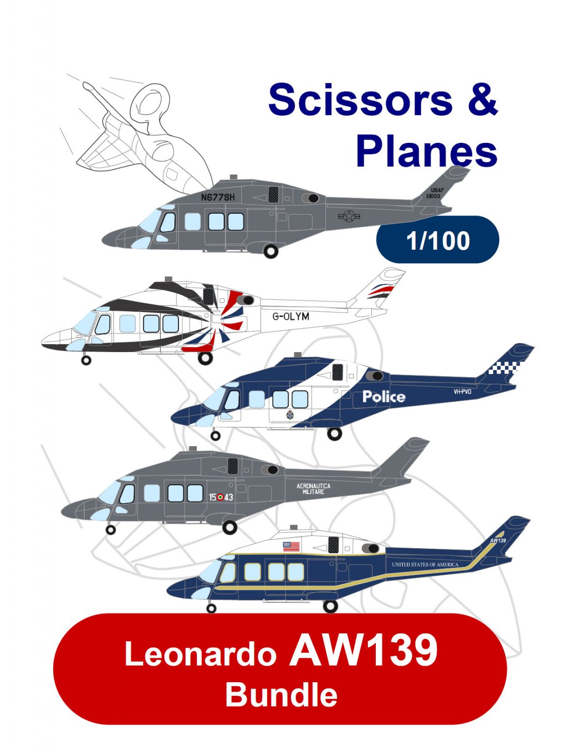1/100 snp Leonardo AW139 Bundle Paper Model - EcardModels