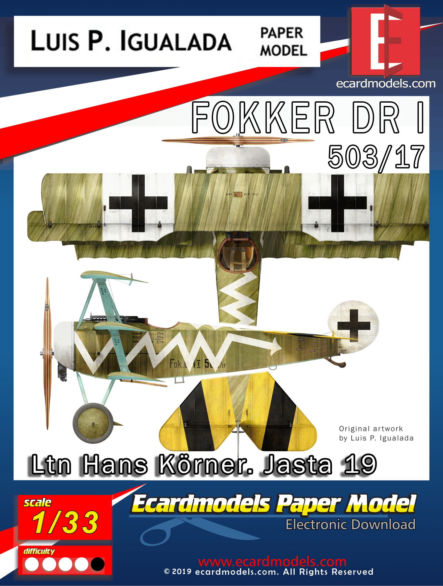 1/33 Scale Fokker Dr I 503/17 Ltn Hans Körner Paper Model - EcardModels