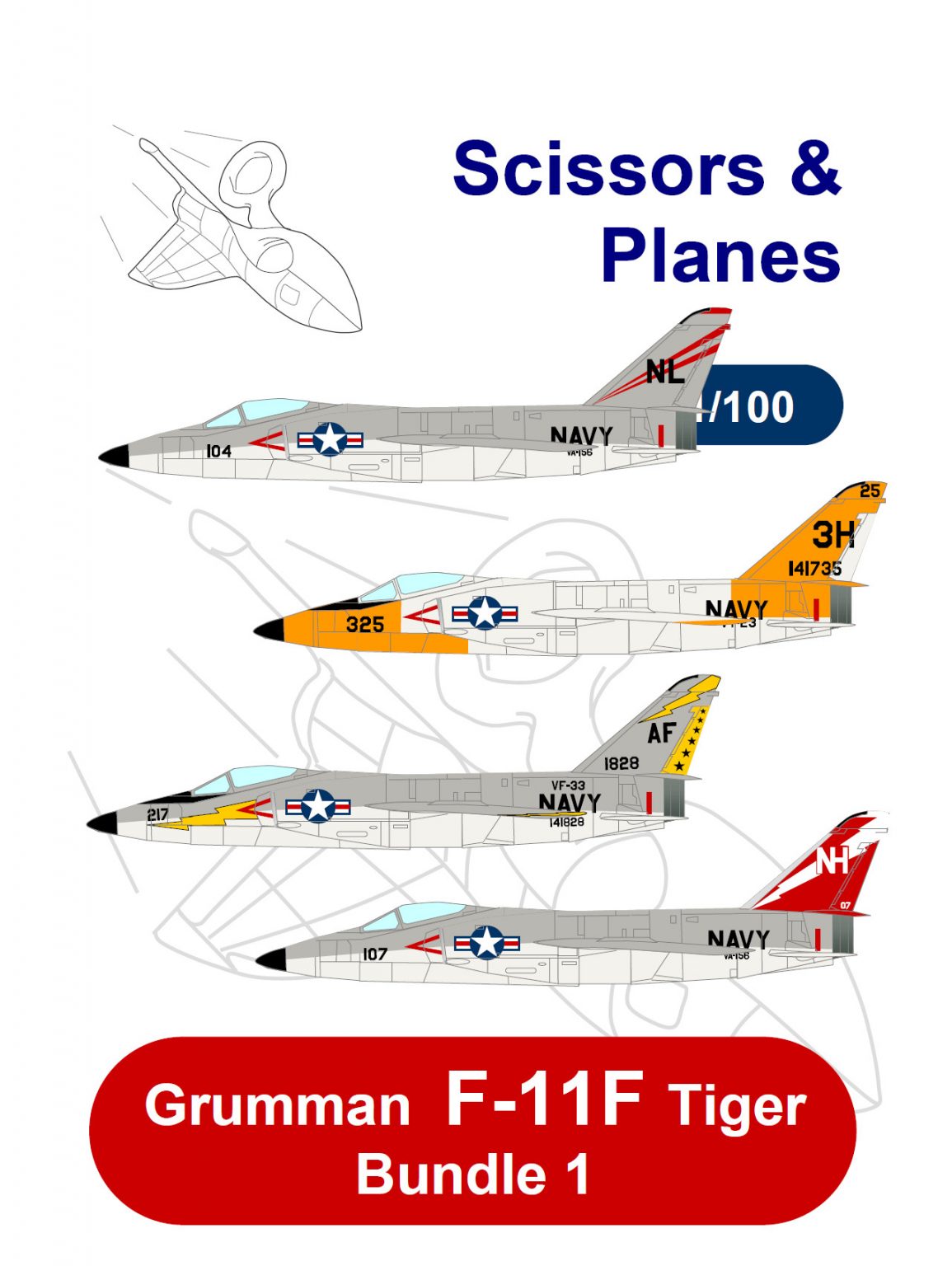 1/100 snp Grumman F11F Tiger Bundle 1 Paper model - EcardModels