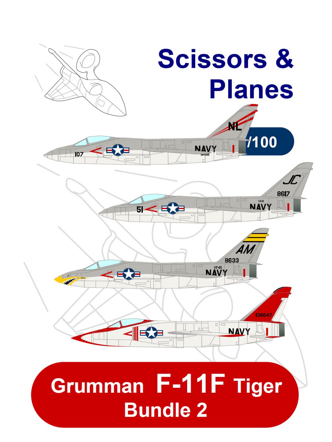 1/100 snp Grumman F11F Tiger Bundle 2 Paper model - EcardModels