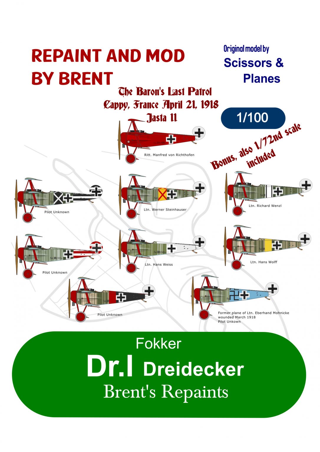 1/100 Fokker Dr.I "The Baron's last patrol" Jasta 11 April 21, 1918 Paper Models - EcardModels