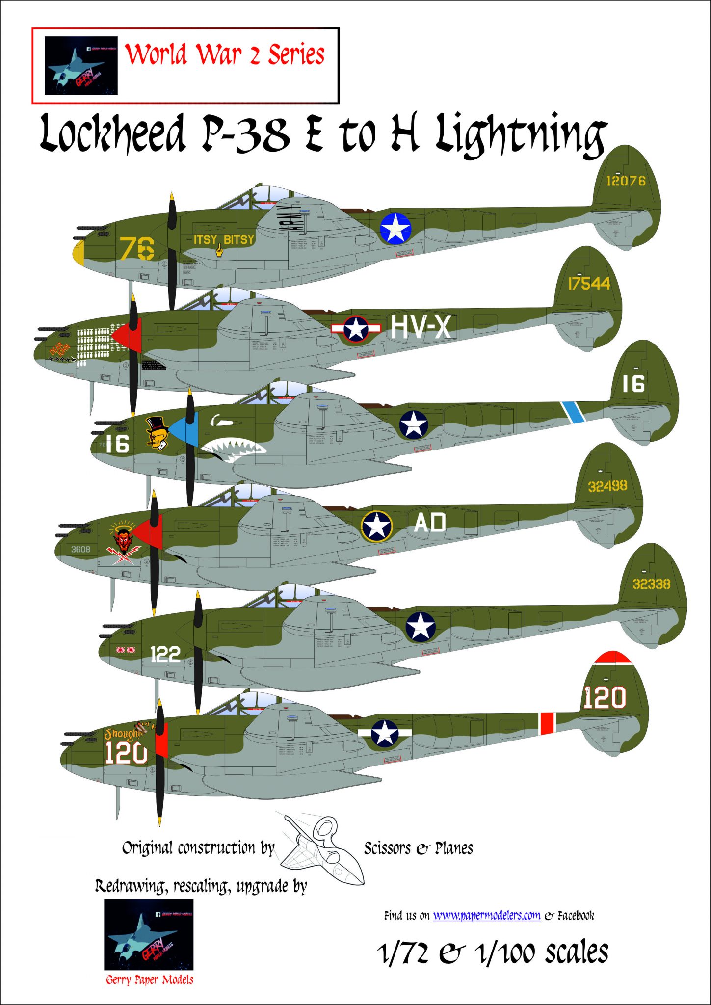 1/72 and 1/100 Lockheed P-38E to P-38H Lightning (6) Kit Bundle Paper ...