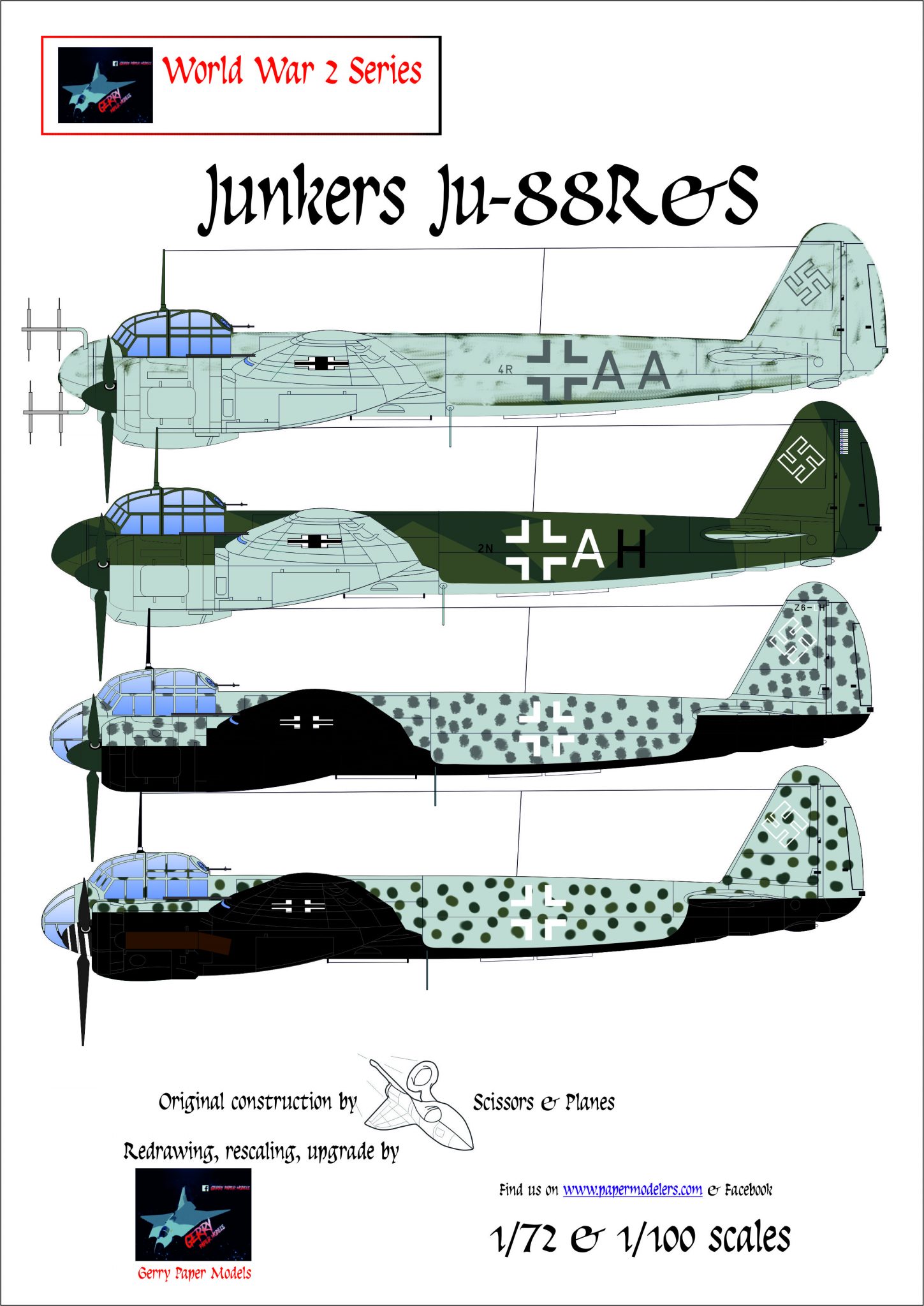 1/72 and 1/100 Junkers Ju-88R & S (4) Kit Bundle Paper Model - EcardModels