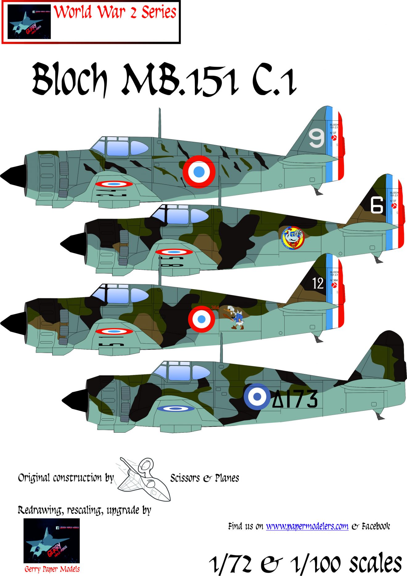 1/72 and 1/100 Bloch MB.151 (4) Kit Bundle Paper Model - EcardModels