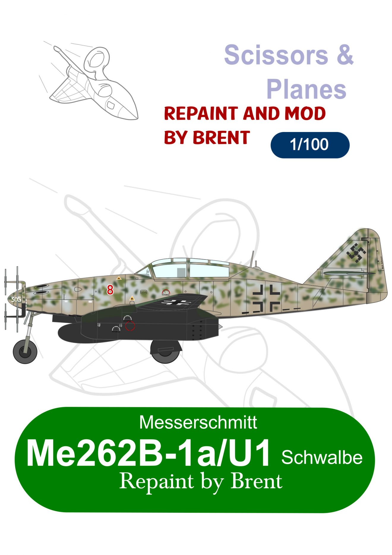1/100 Messerschmitt Me-262B-1a/U1 Red 8 NJG 11 Paper Model - EcardModels