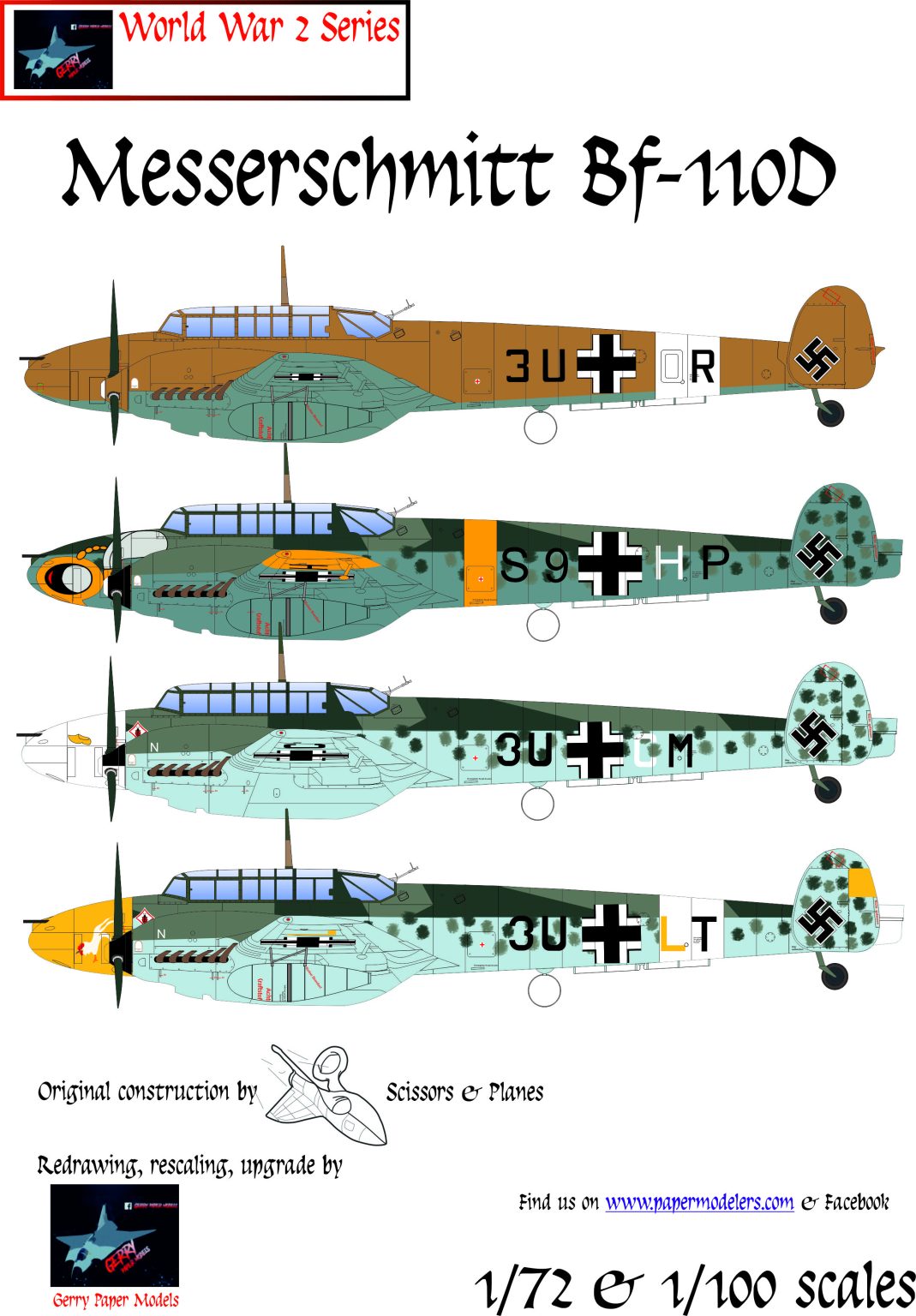 1/72 and 1/100 Messerschmitt Bf-110D (4) Kit Bundle Paper Model ...
