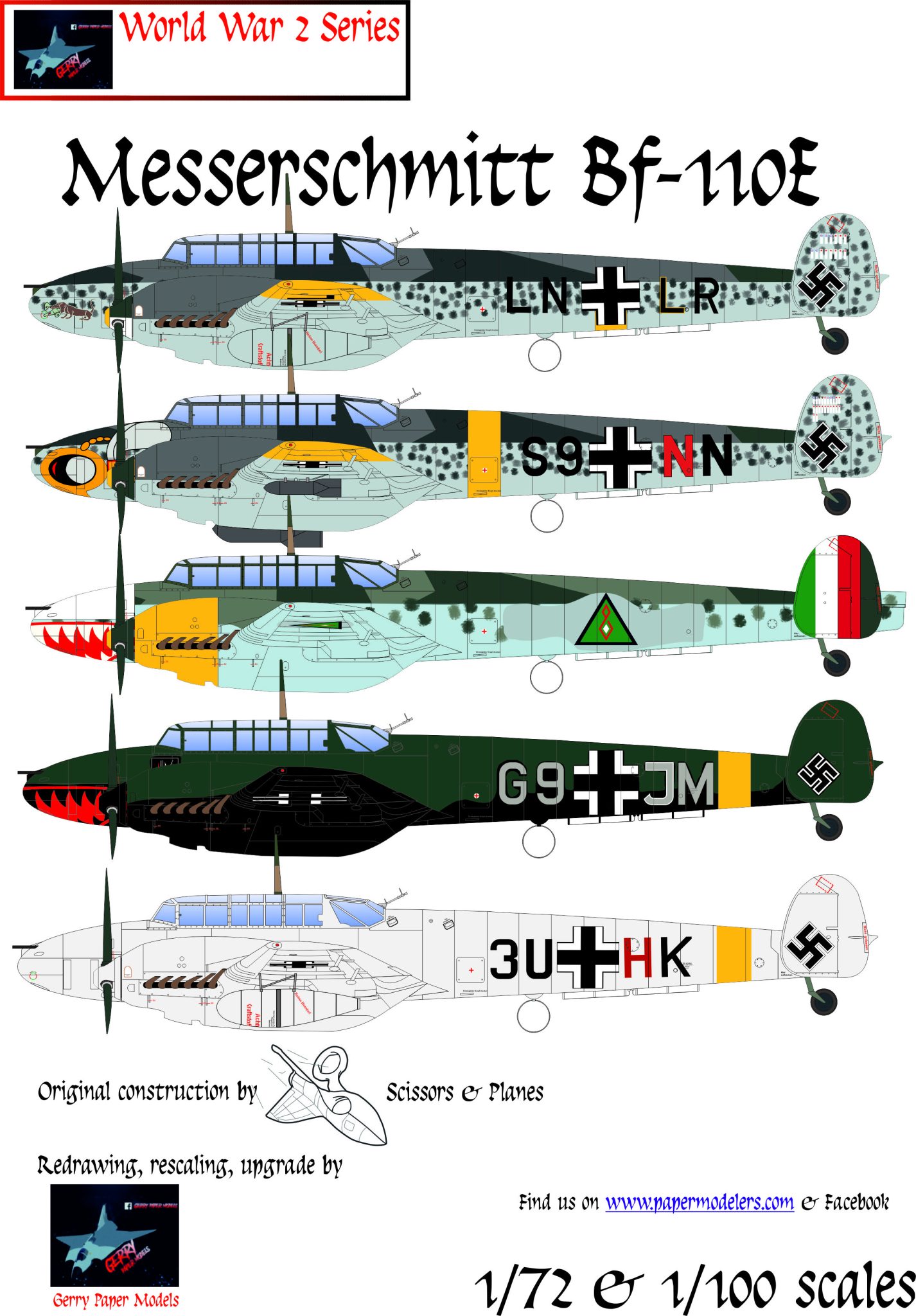 1/72 and 1/100 Messerschmitt Bf-110E (5) Kit Bundle Paper Model ...