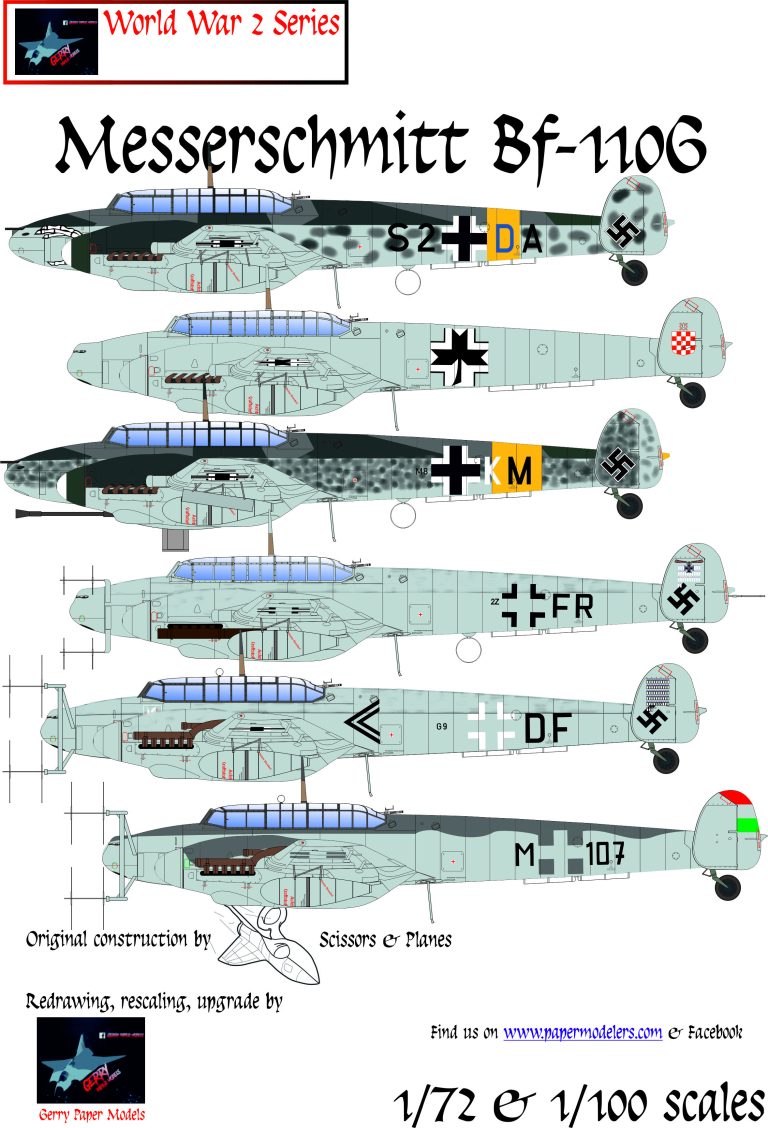 1/72 and 1/100 Messerschmitt Bf-110G (6) Kit Bundle Paper Model ...
