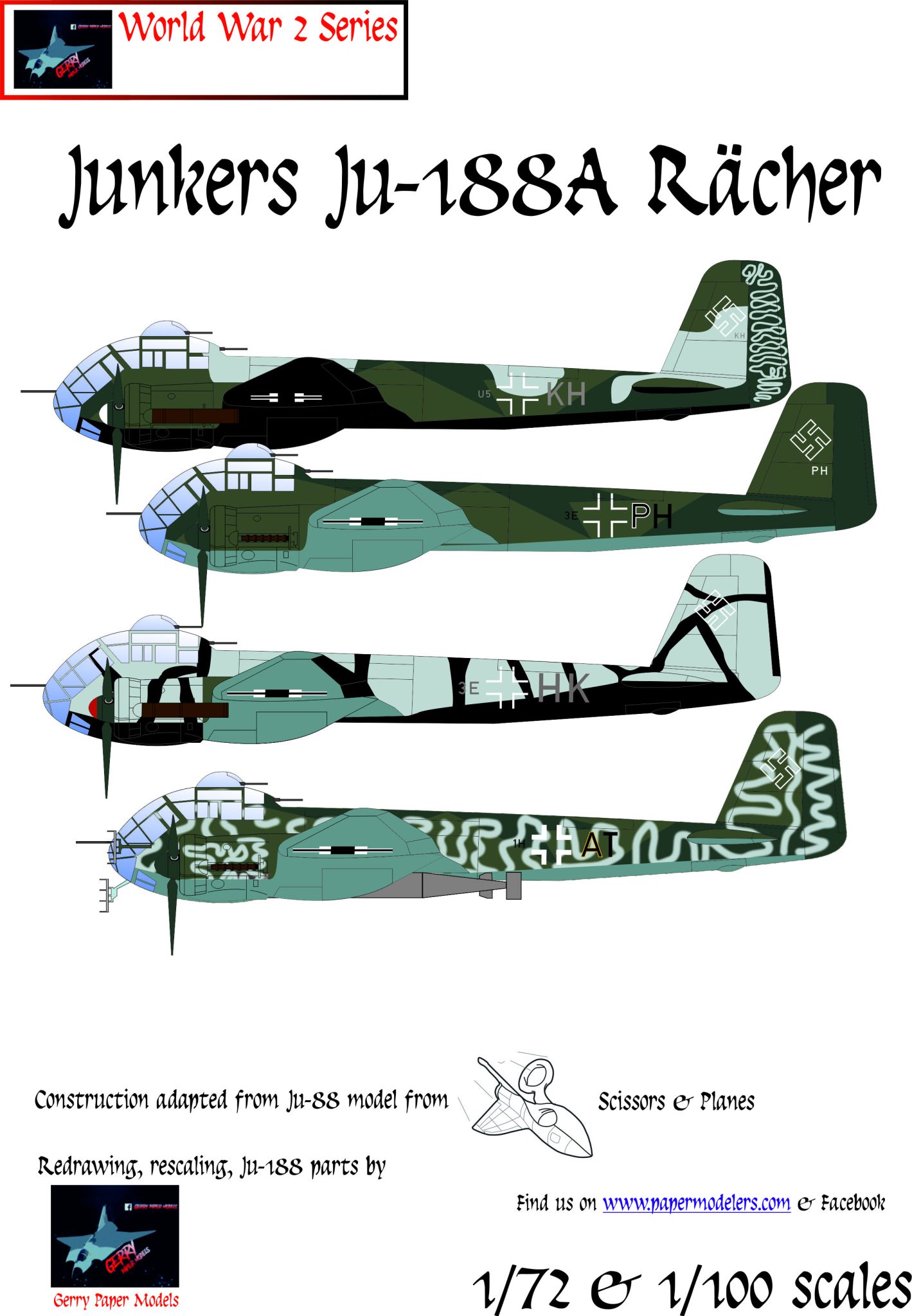 1/72 and 1/100 Junkers Ju-188A Rächer (4) Kit Bundle Paper Model ...