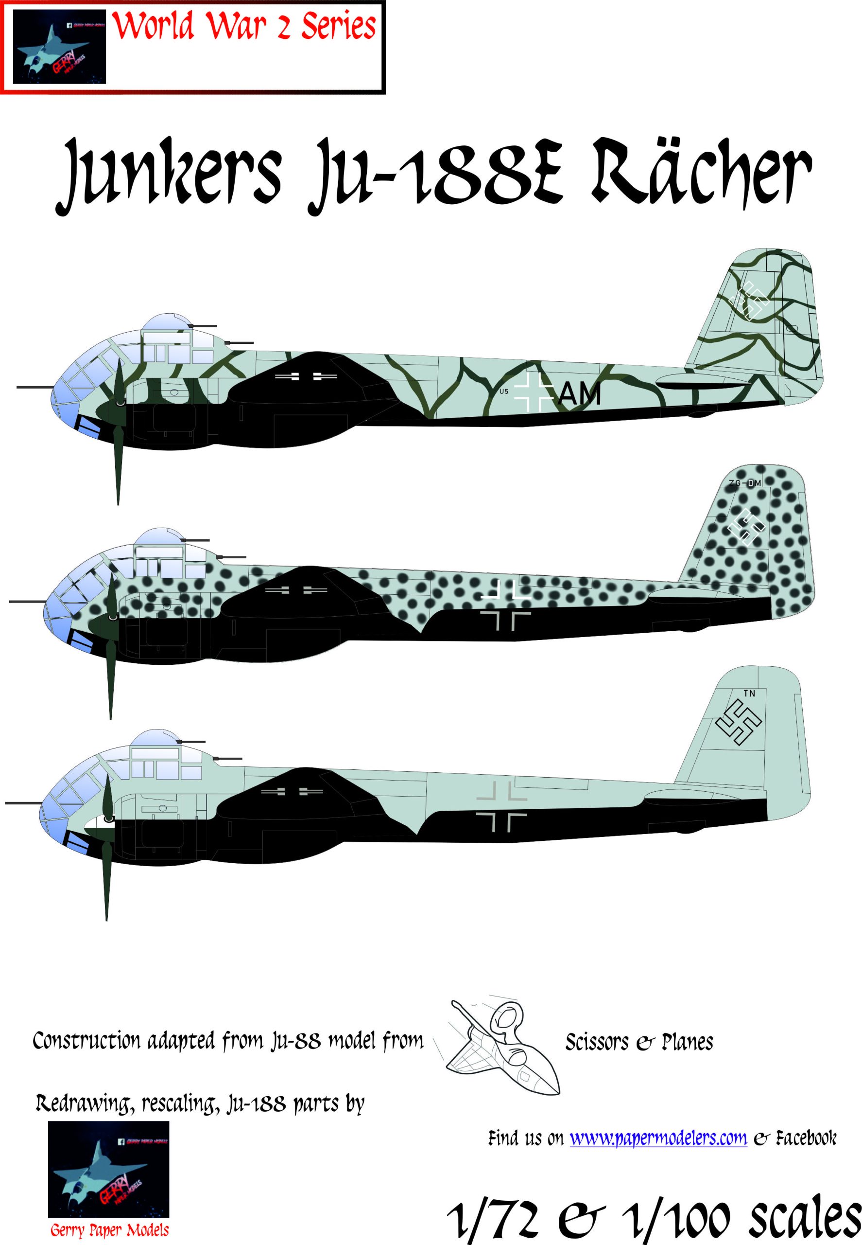 1/72 and 1/100 Junkers Ju-188E Rächer (3) Kit Bundle Paper Model ...